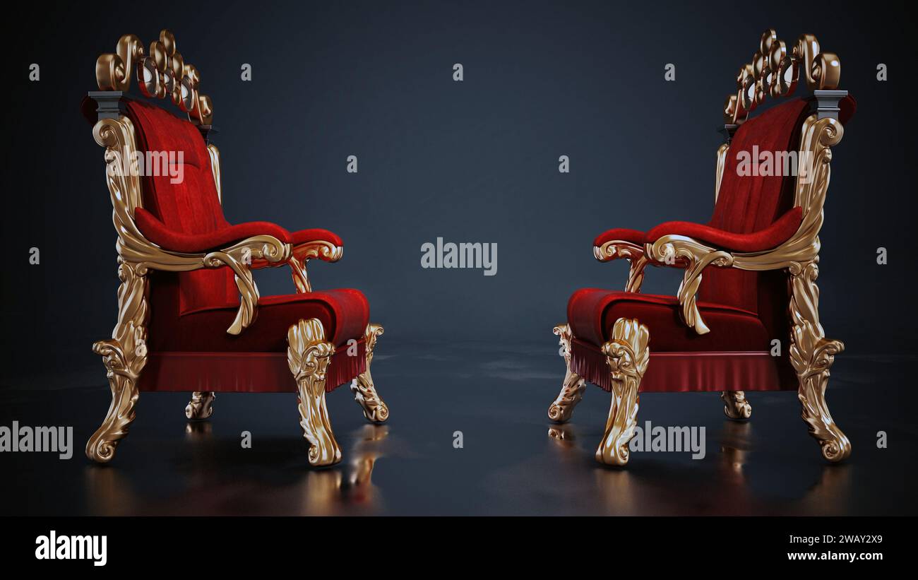 Opposing two thrones standing on black surface. 3D illustration Stock ...