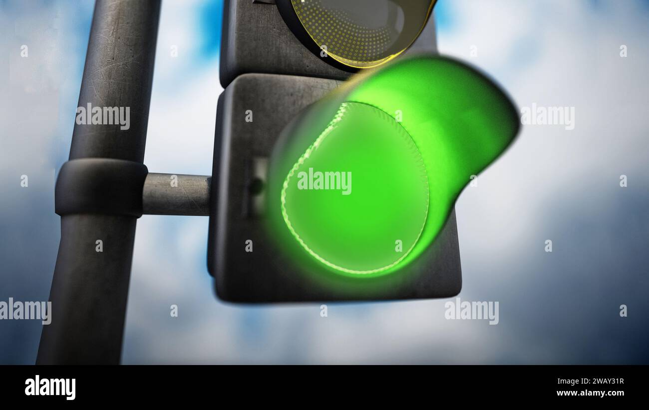 Traffic lamp with red, yellow and green lights on against blue ...