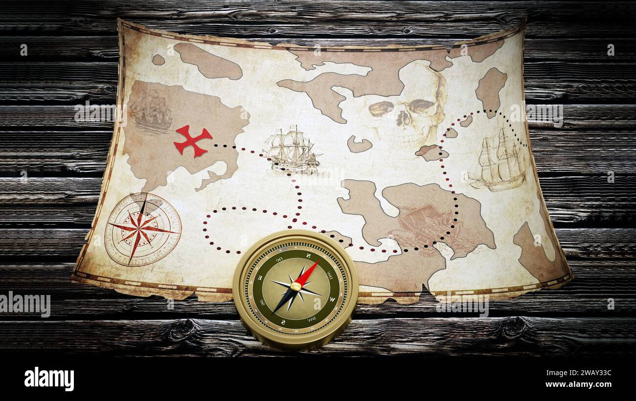Treasure map and vintage compass standing on old wood table. 3D ...