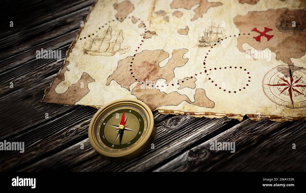 Treasure map and vintage compass standing on old wood table. 3D ...