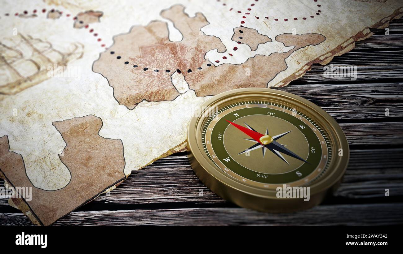 Antique brass compass on map hi-res stock photography and images - Alamy