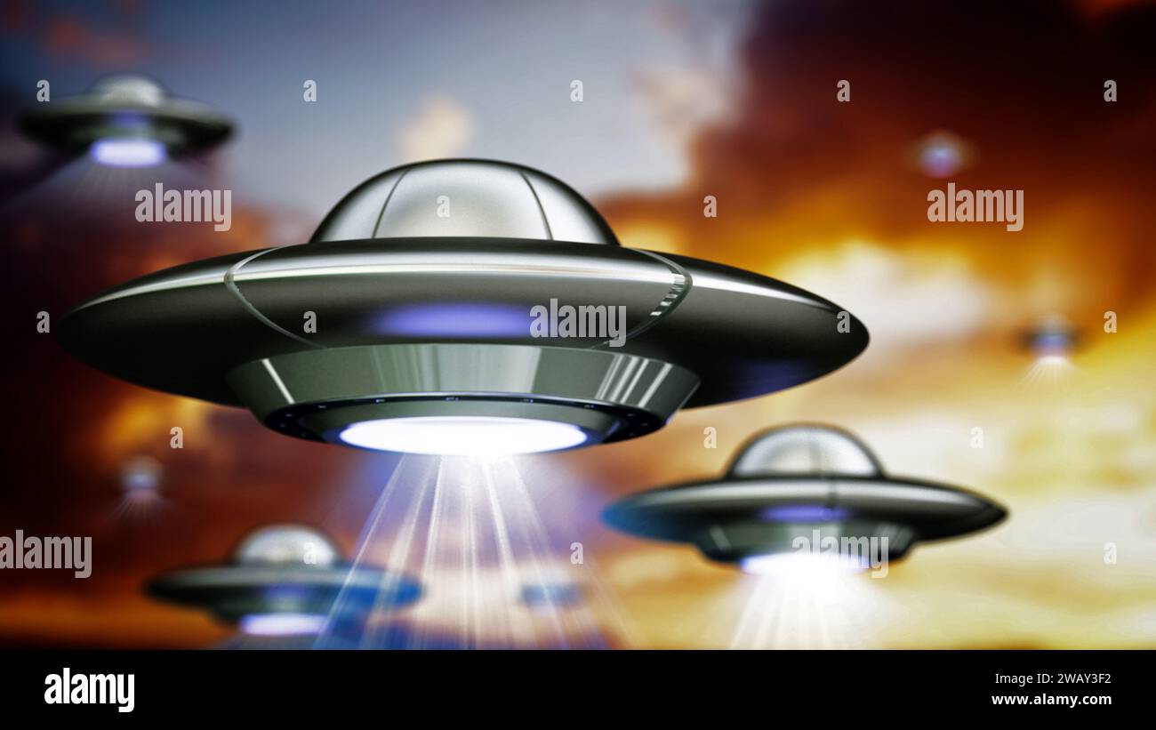 Flying saucers with light beams in the sky. 3D illustration Stock Photo ...