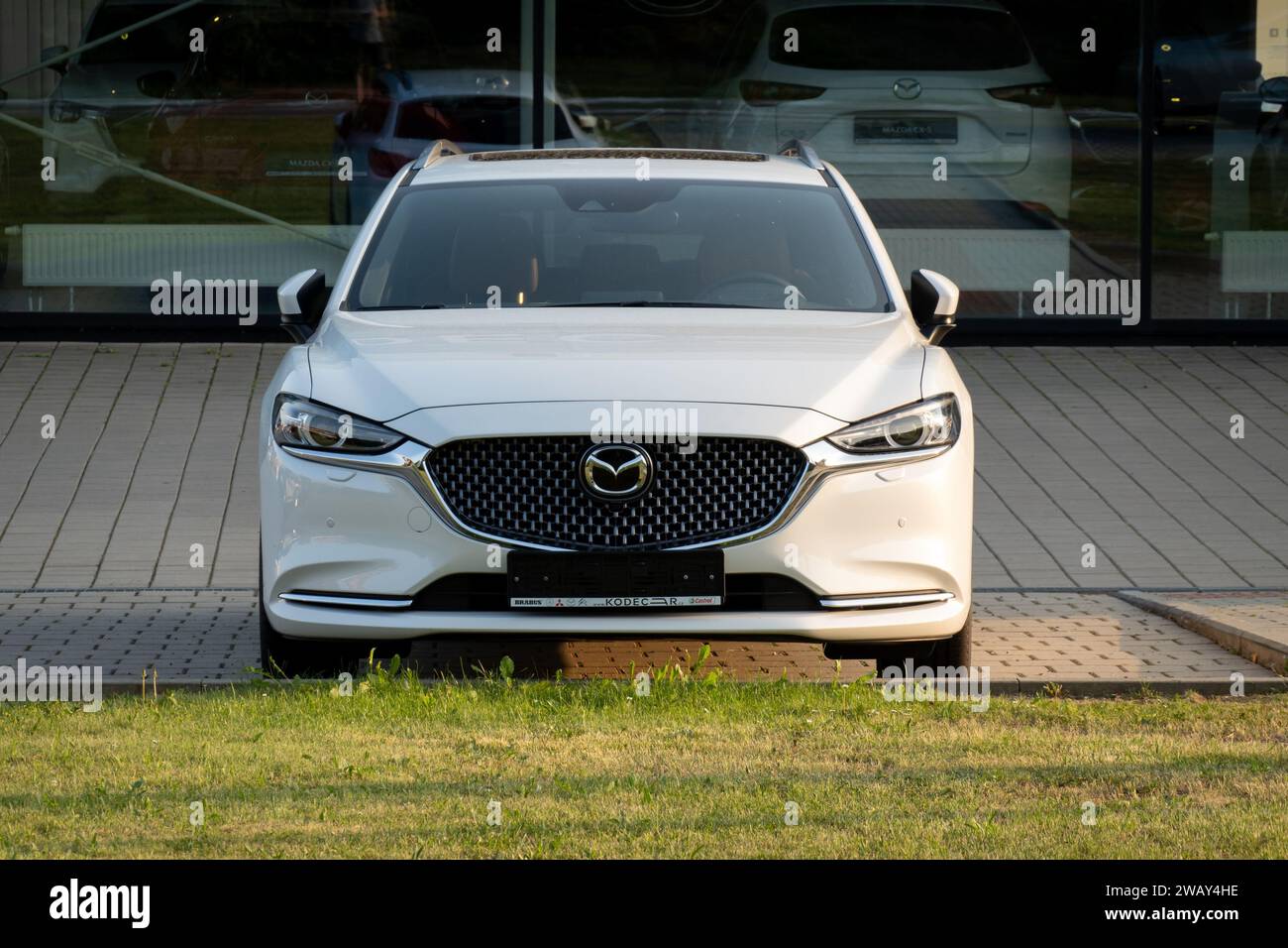 OSTRAVA, CZECH REPUBLIC - AUGUST 23, 2023: Front view of white Mazda 6 ...