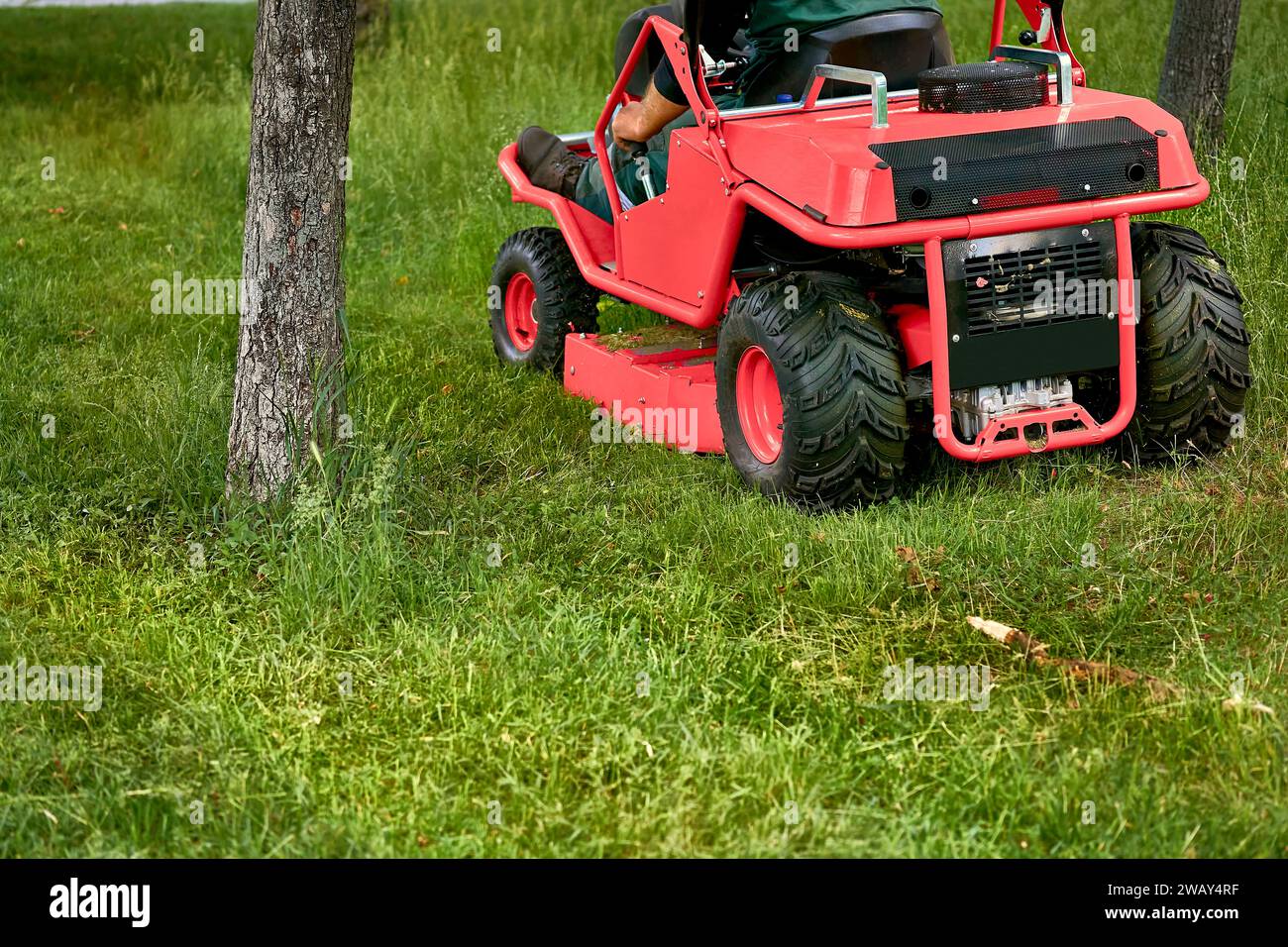 Professional grass cutting on lawns with a mini tractor lawn mower ...