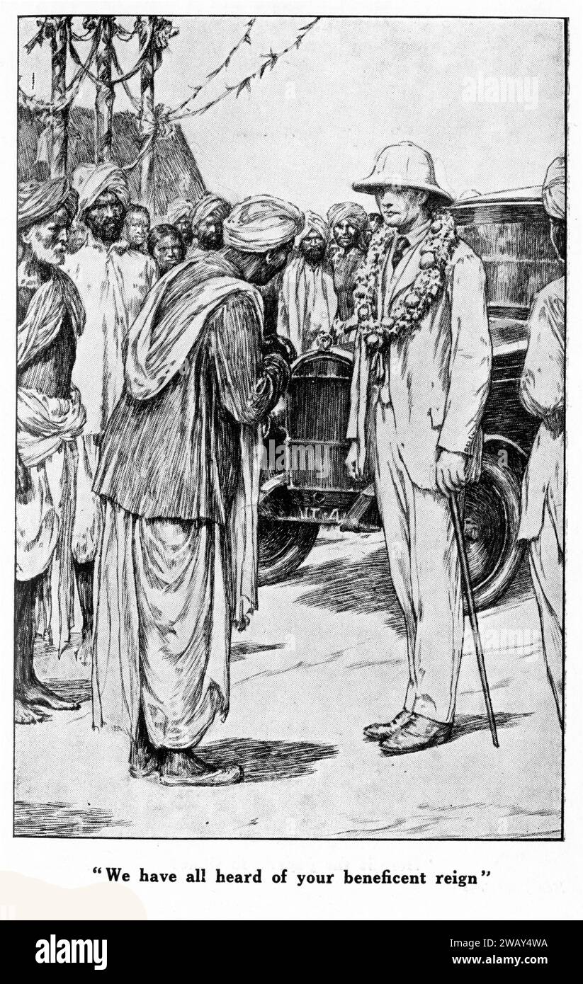 Engraving of a villager greeting the local colonial authority in India ...