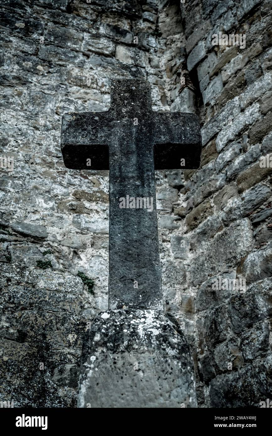 Stone Cross in La Cite, medieval citadel with double-walled ...