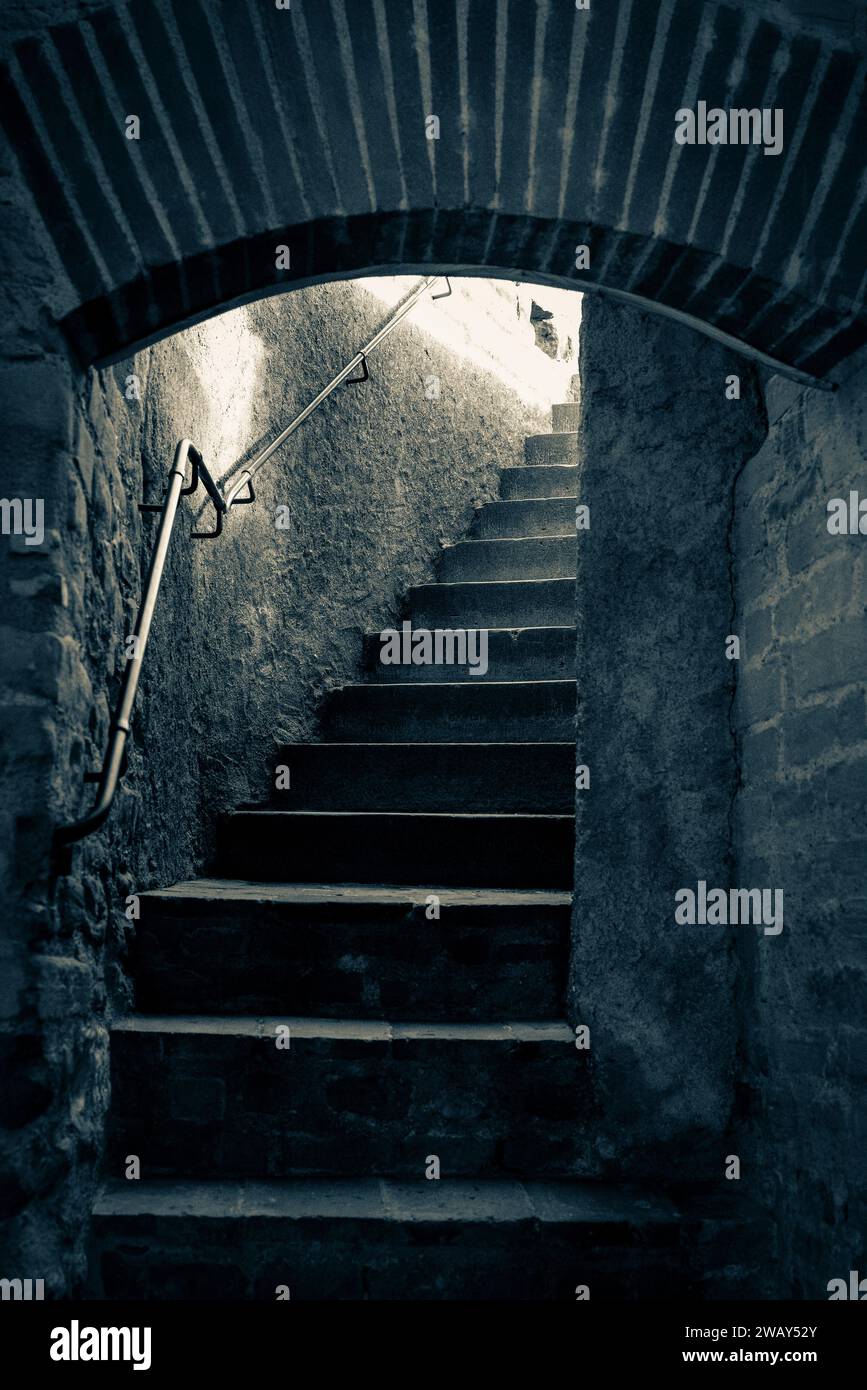 Stairs in La Cite, medieval citadel with double-walled fortifications ...