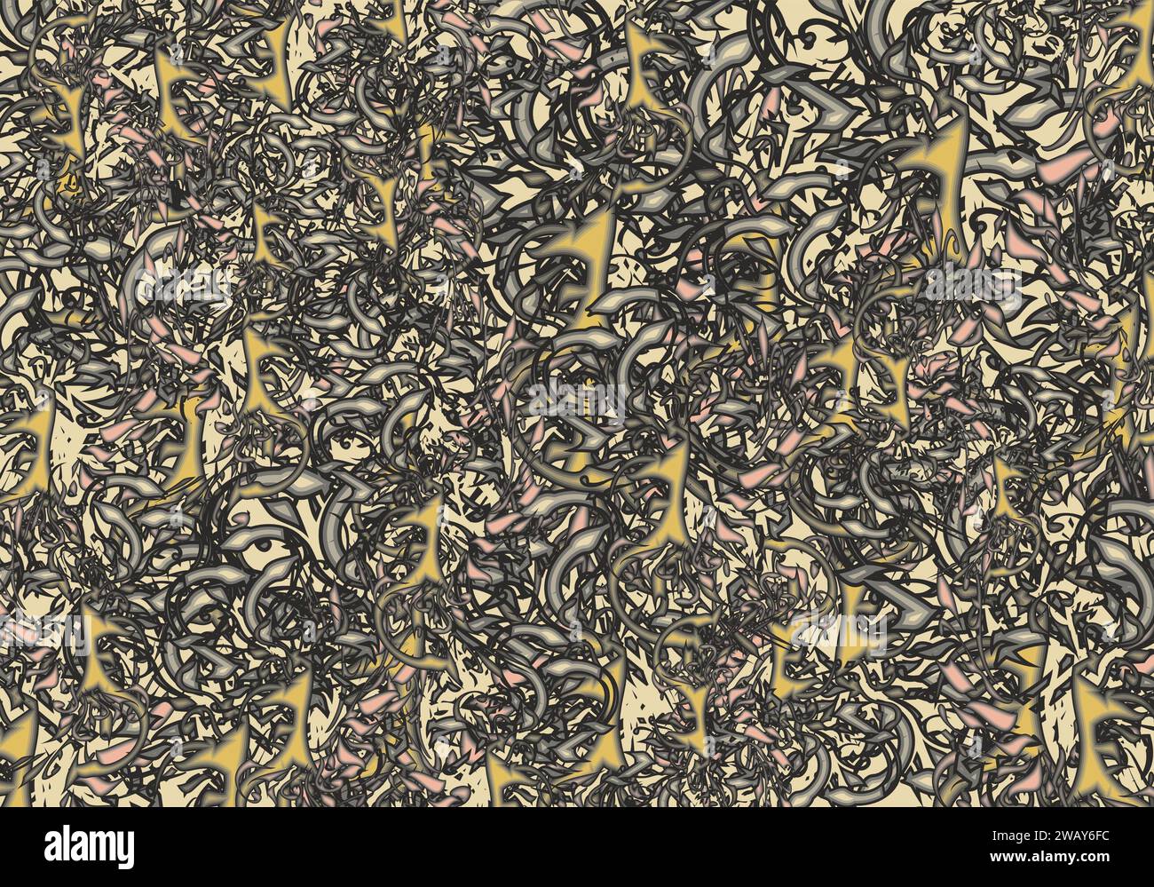Abstract wavy background with floral and snake elements in golden-gray ...