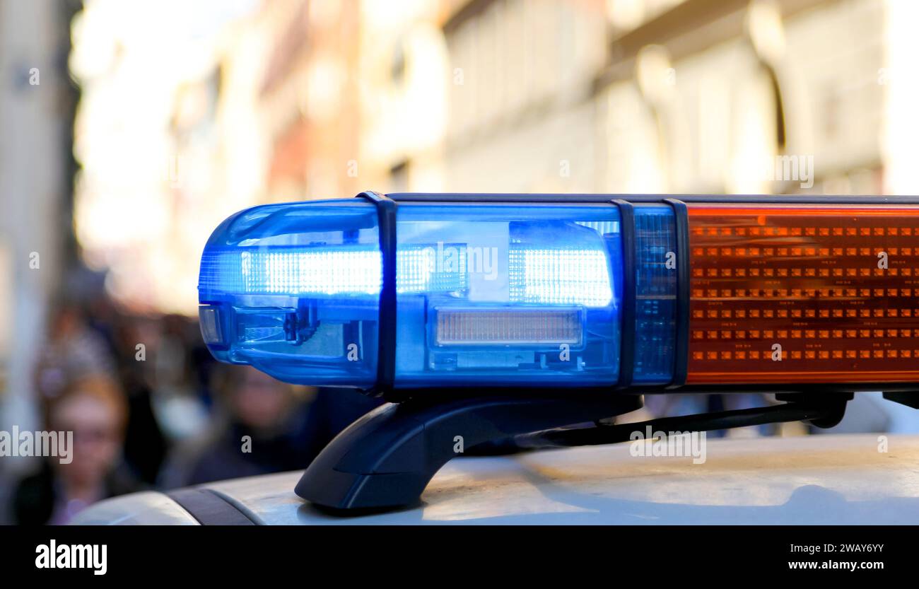 big siren of a police car at a roadblock for city security Stock Photo ...