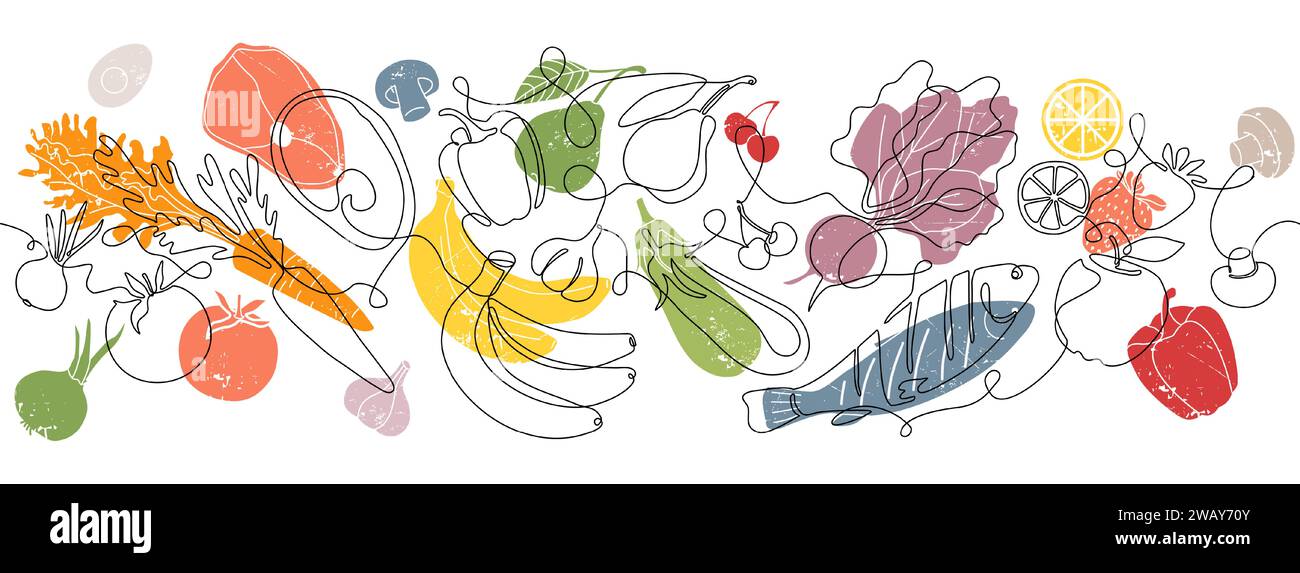 Healthy food. Abstract cook grocery. Kitchen or diet line art. Meat and ...