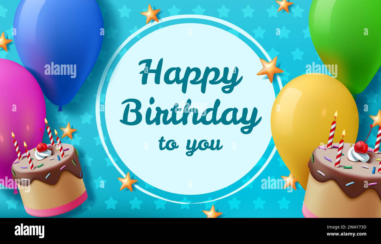 Happy birthday background. Greeting card. 3D holiday cake with candles ...
