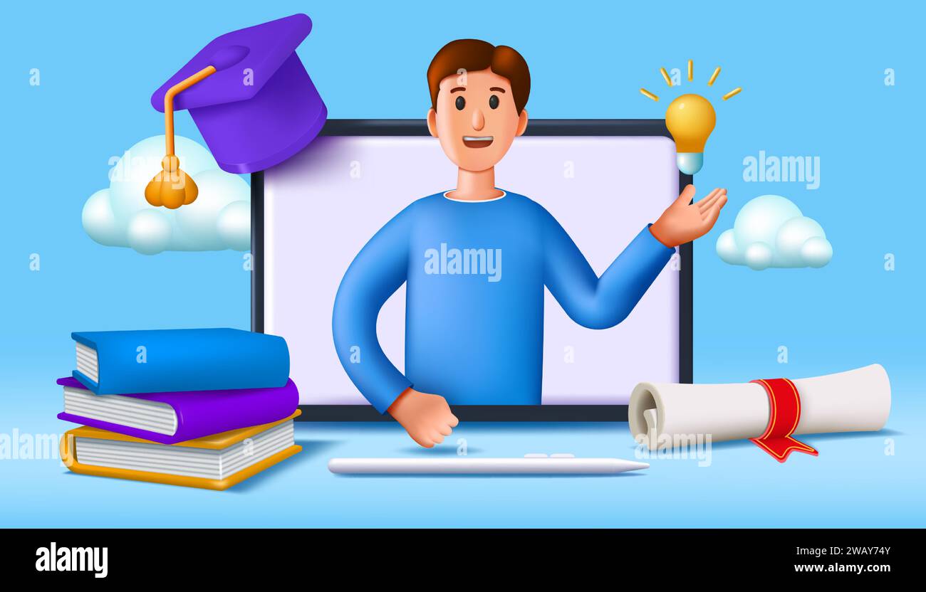 3D teacher. Student training online. People character on English course ...