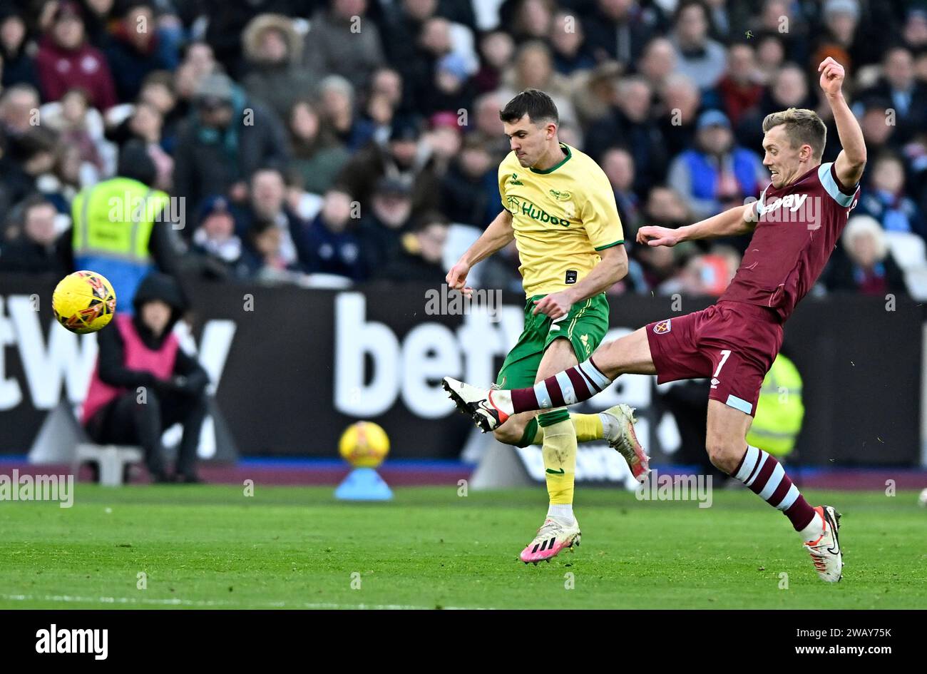 London, UK. 7th Jan, 2024. James Ward-Prowse (West Ham) tries to tackle ...