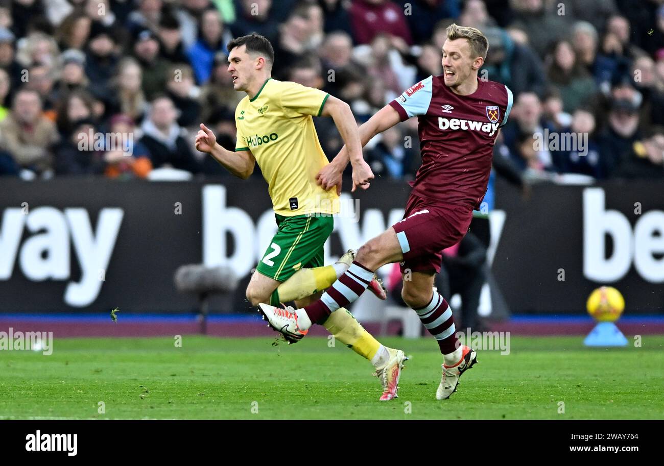 London, UK. 7th Jan, 2024. James Ward-Prowse (West Ham) kicks out at ...