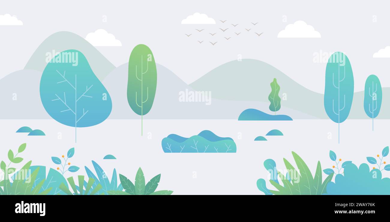 Minimal landscape. Nature panorama. Trees and bushes. Mountains and ...