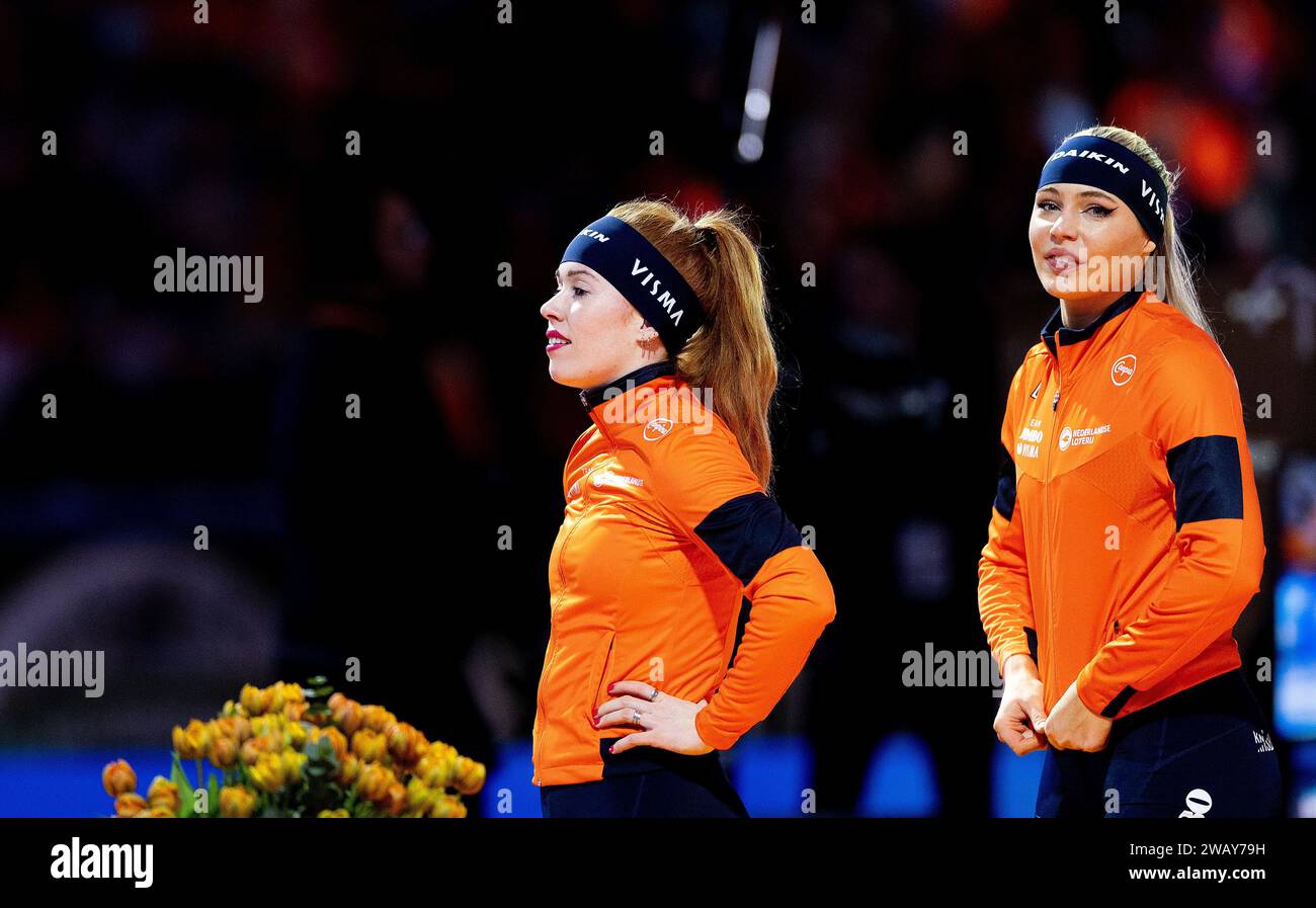 HEERENVEEN - Jutta Leerdam and Antoinette Rijpma-de Jong at the medal ...