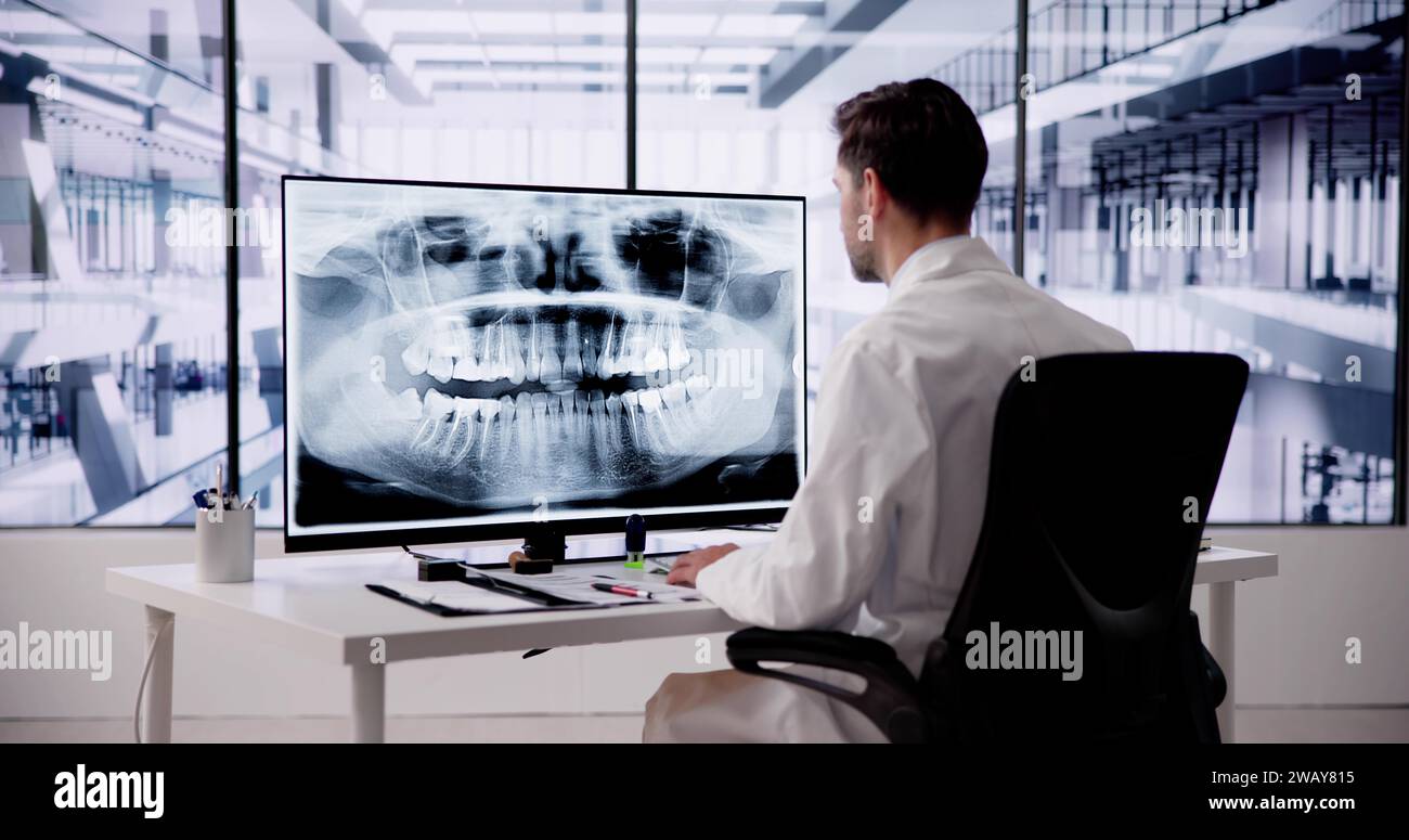 Radiologist Dentist Using X Ray Software On Desktop Computer Stock ...