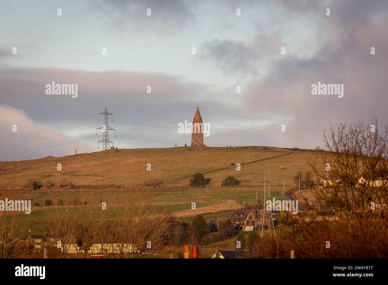 View of the historic warning beacon on Hartshead Pike from Ashton ...