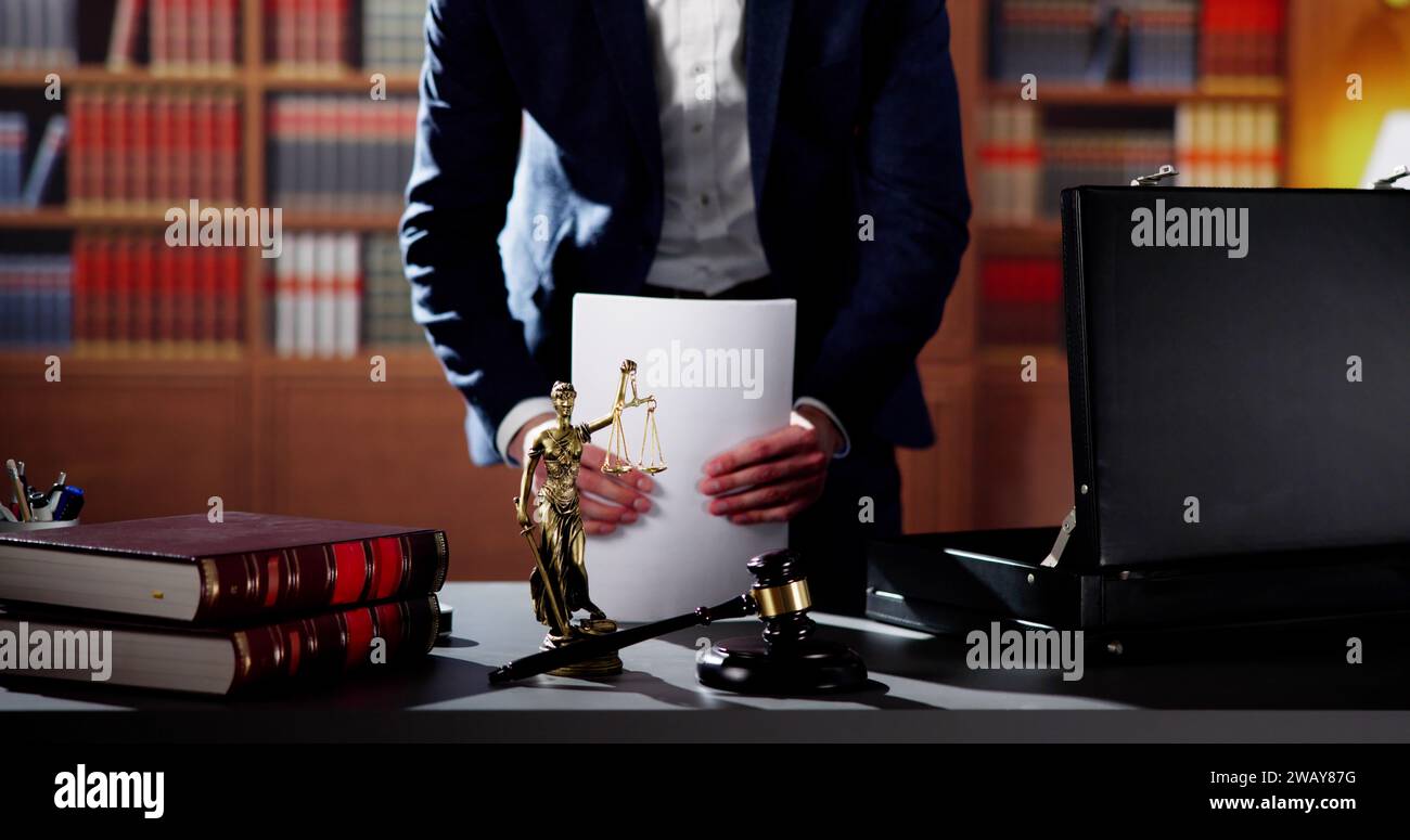 Courtroom Litigation Trial. Lawyer Opening Briefcase With Documents ...