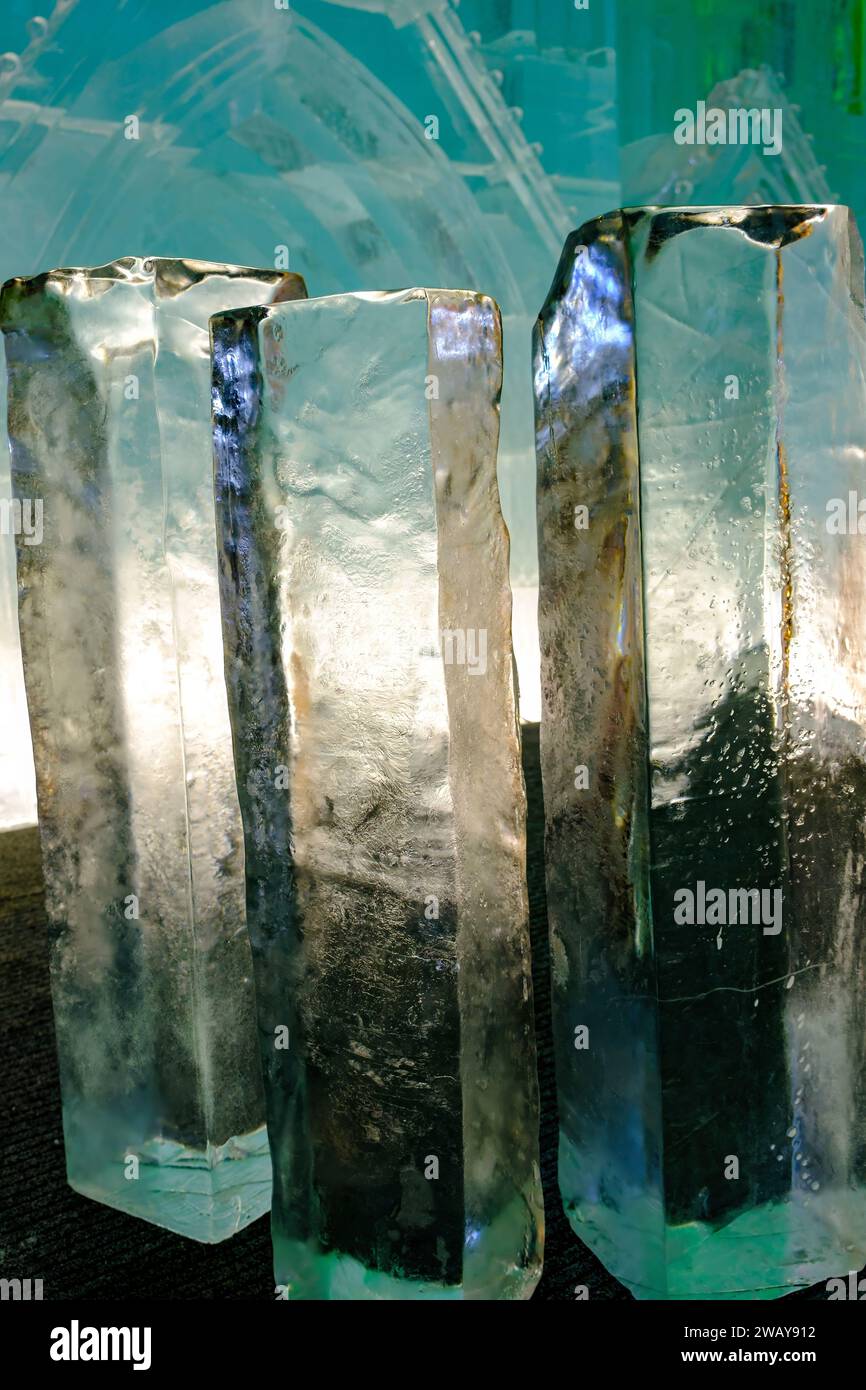 Large clear rectangular blocks of ice with bubbles. A block of clear ...