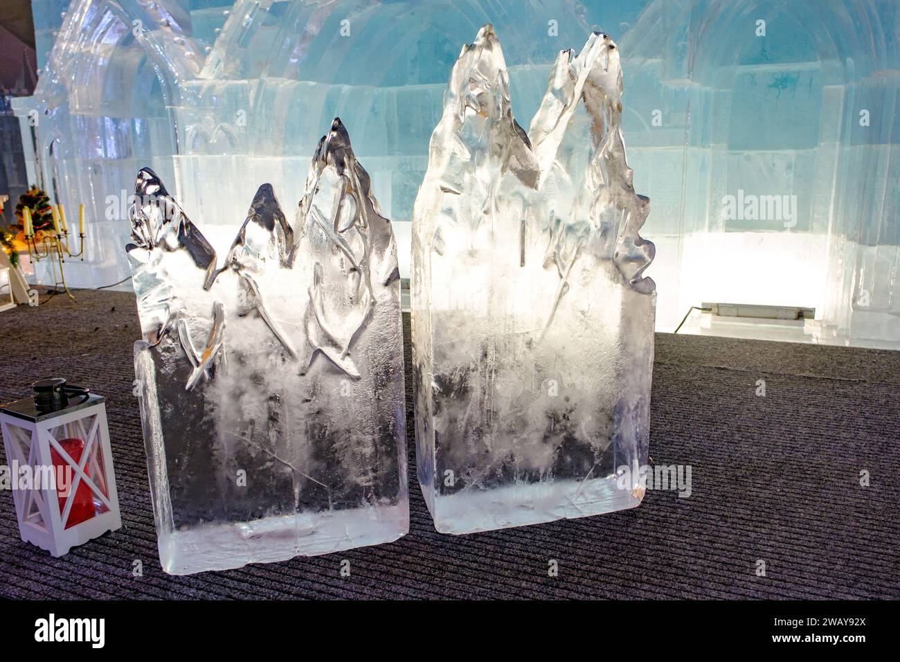 Large clear rectangular blocks of ice with bubbles. A block of clear ...