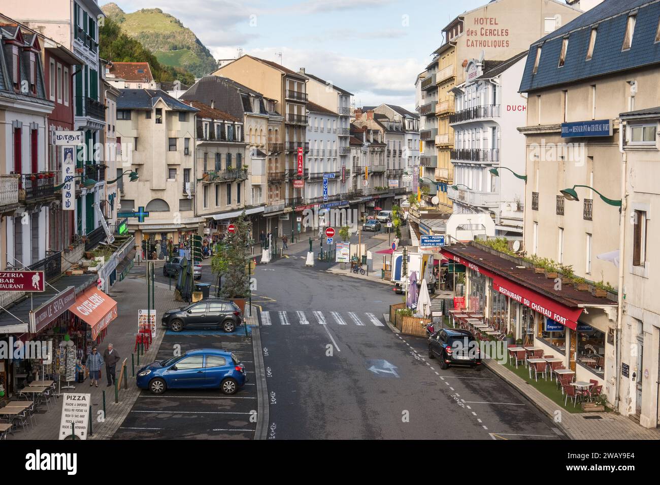 City center, street view in Lourdes, France. The city is one of the ...