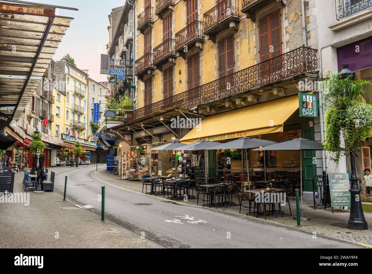 City center, street view in Lourdes, France. The city is one of the ...