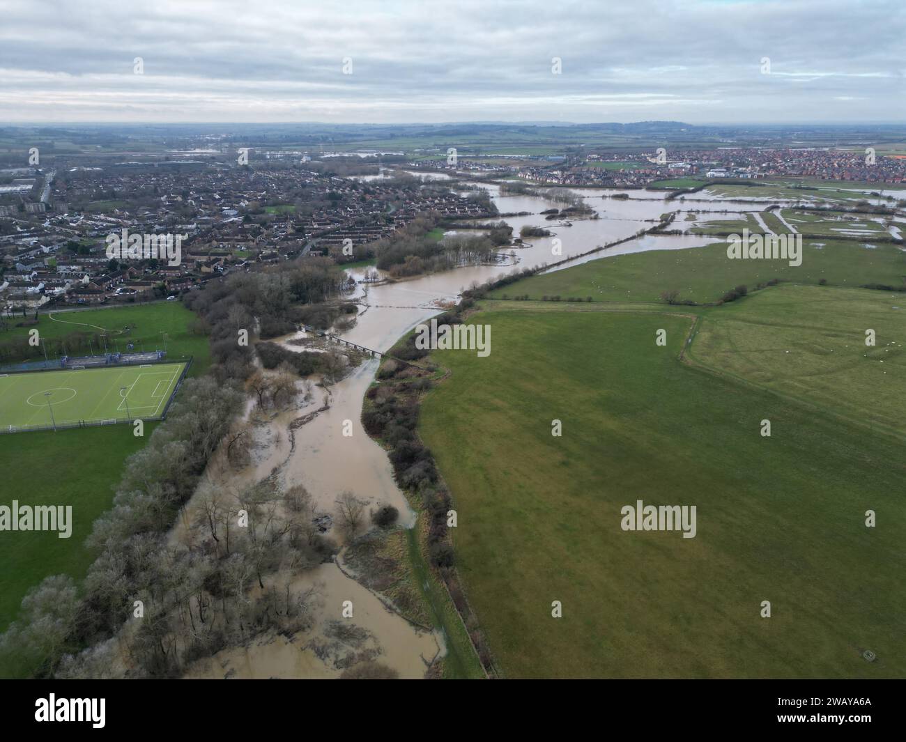 Drone imagery of flood waters in Buckingham Park floodplain in north ...