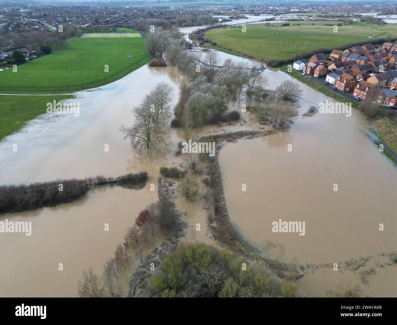 Drone imagery of flood waters in Buckingham Park floodplain in north ...