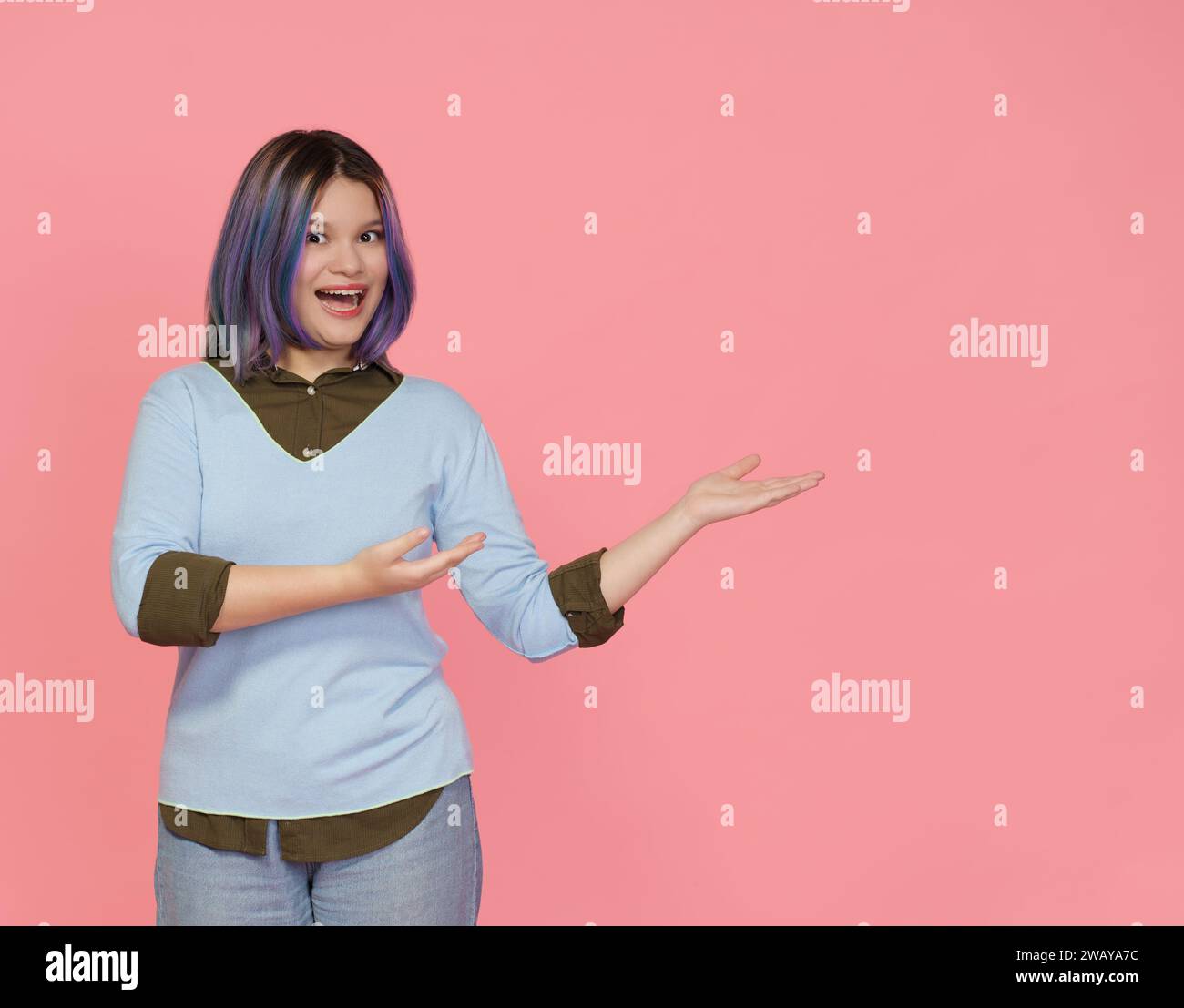 Teenager Girl Extends Friendly Welcome With Smile, Showcasing Empty ...
