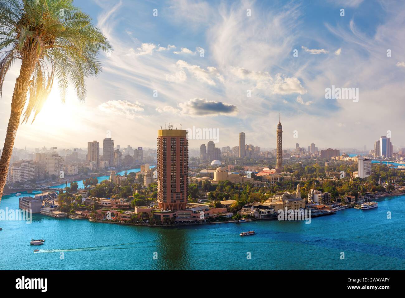 Aerial panorama of the downtown and the Nile river in Cairo, Egypt ...
