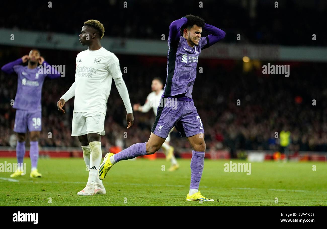 Liverpool's Luis Diaz reacts after a missed chance during the Emirates ...