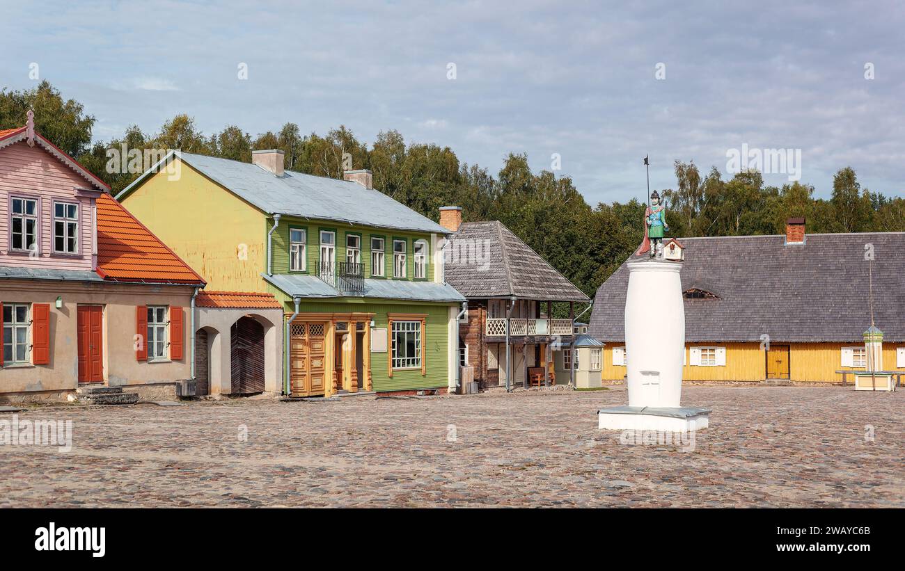 The central square of an ancient small town with colorful small village ...