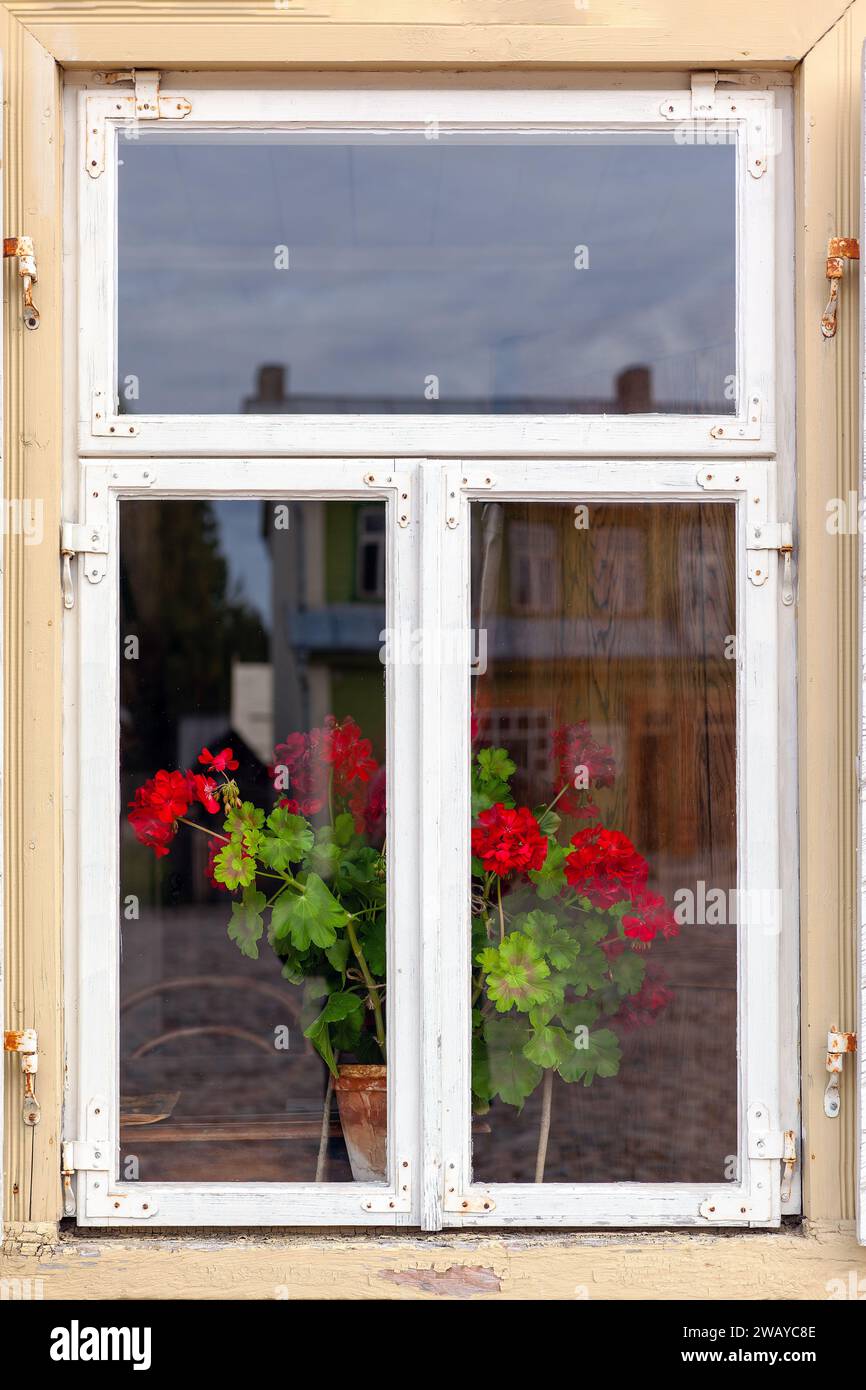 Rustic window in wooden village cottage house. Beige wood wall ...