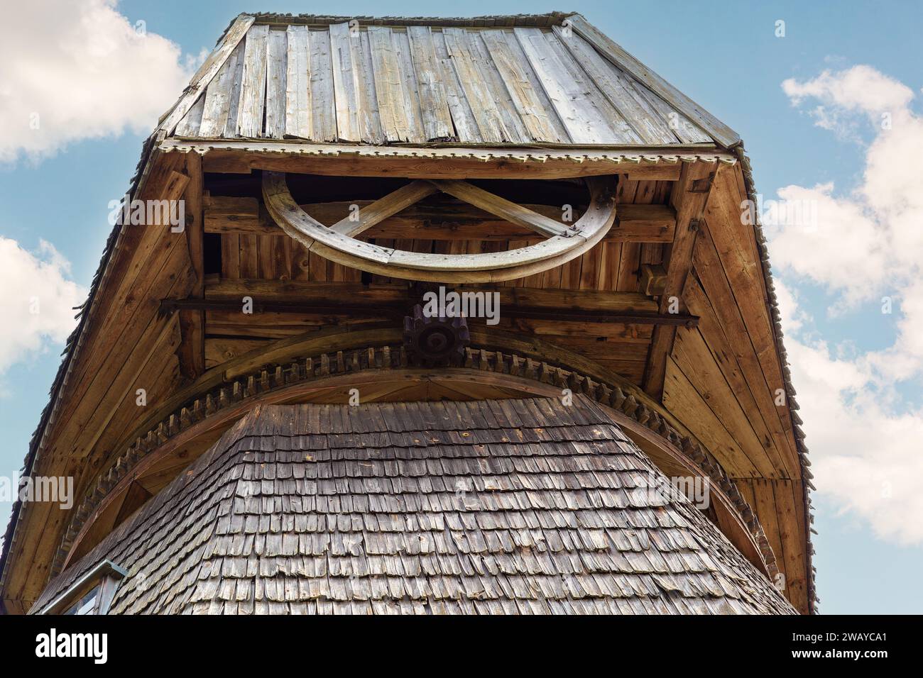 The mechanism of turning the head of an ancient flour mill from below ...