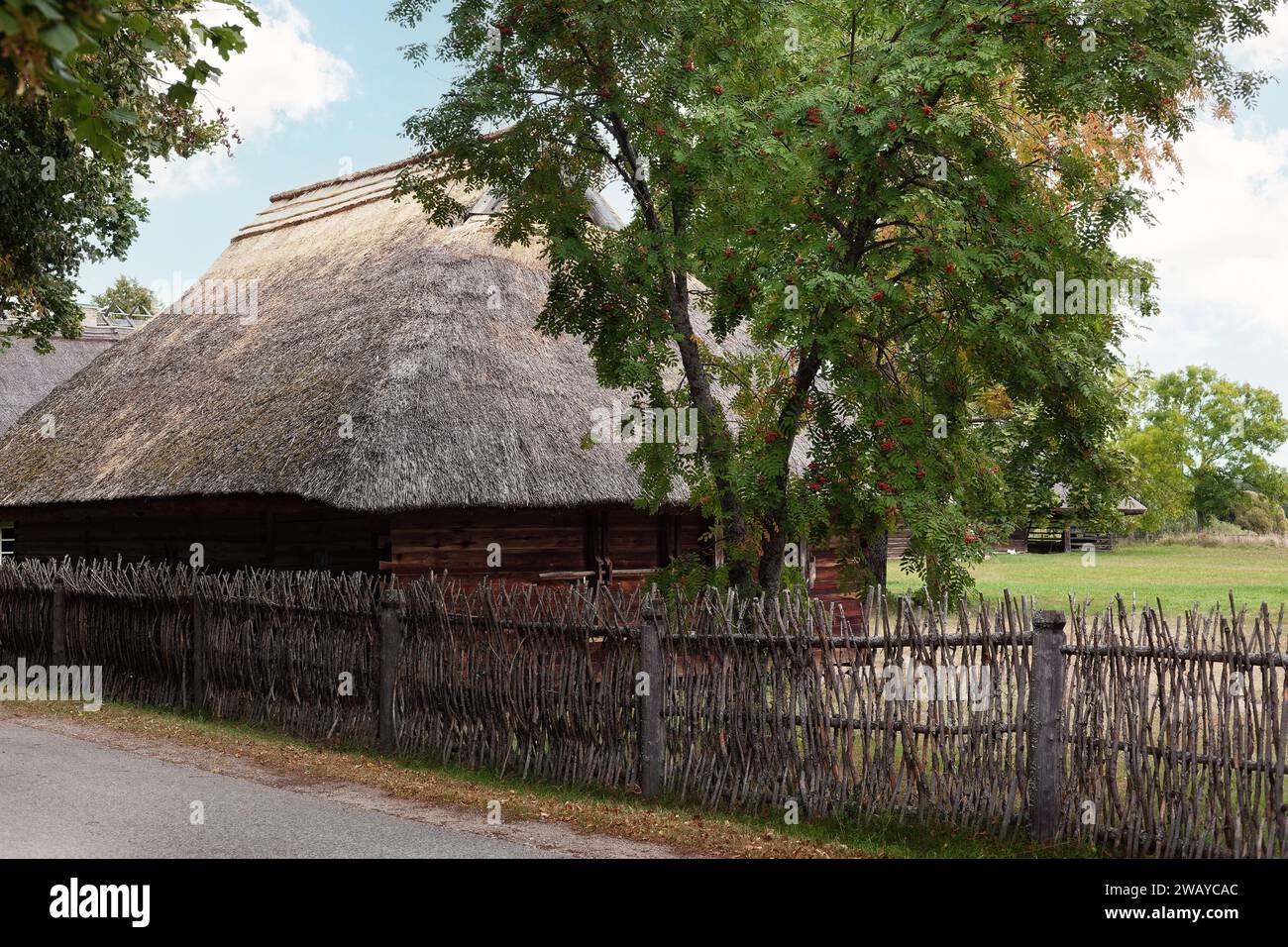 An ancient traditional fence made of wicker, an ancient farmhouse with ...