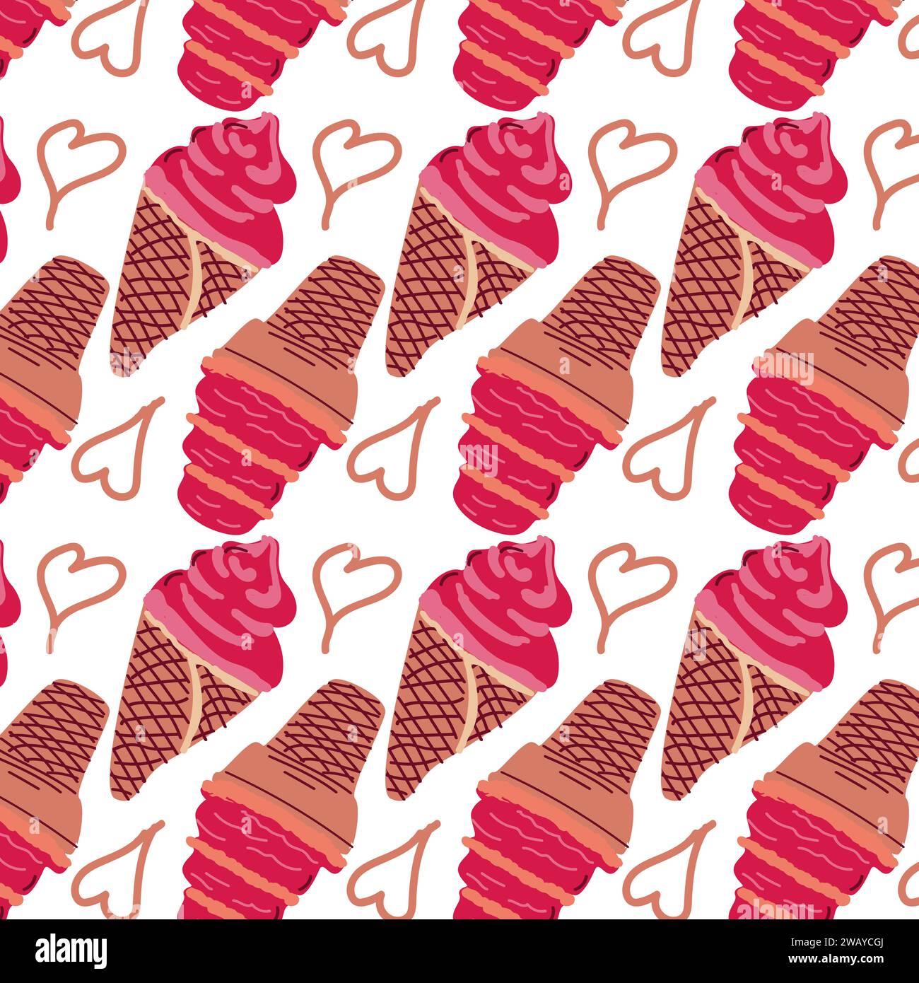 seamless pattern with ice cream in waffle cones and hearths. Vector ...