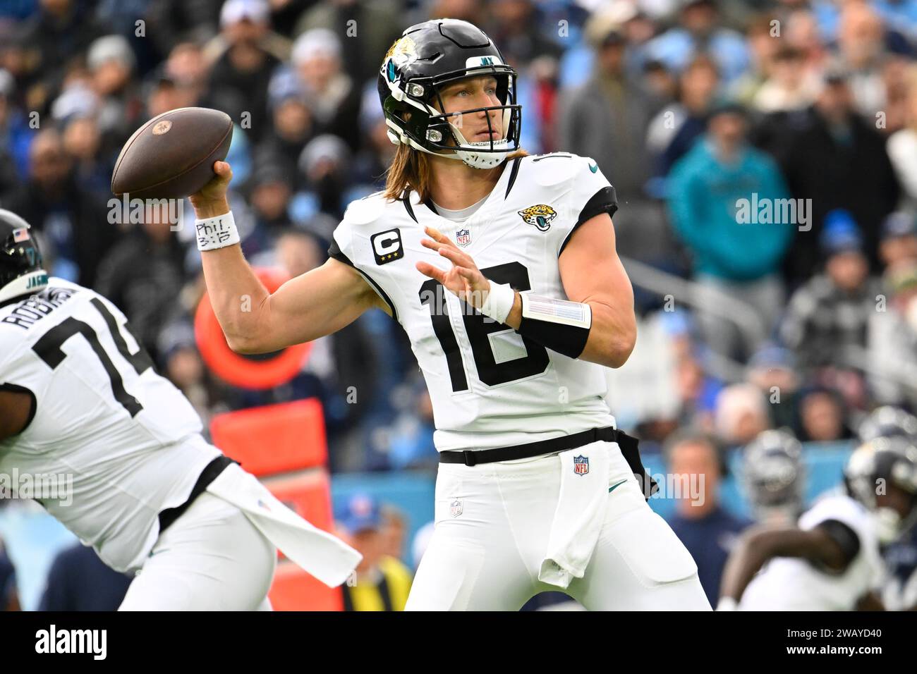 Jacksonville Jaguars quarterback Trevor Lawrence (16) looks to pass ...
