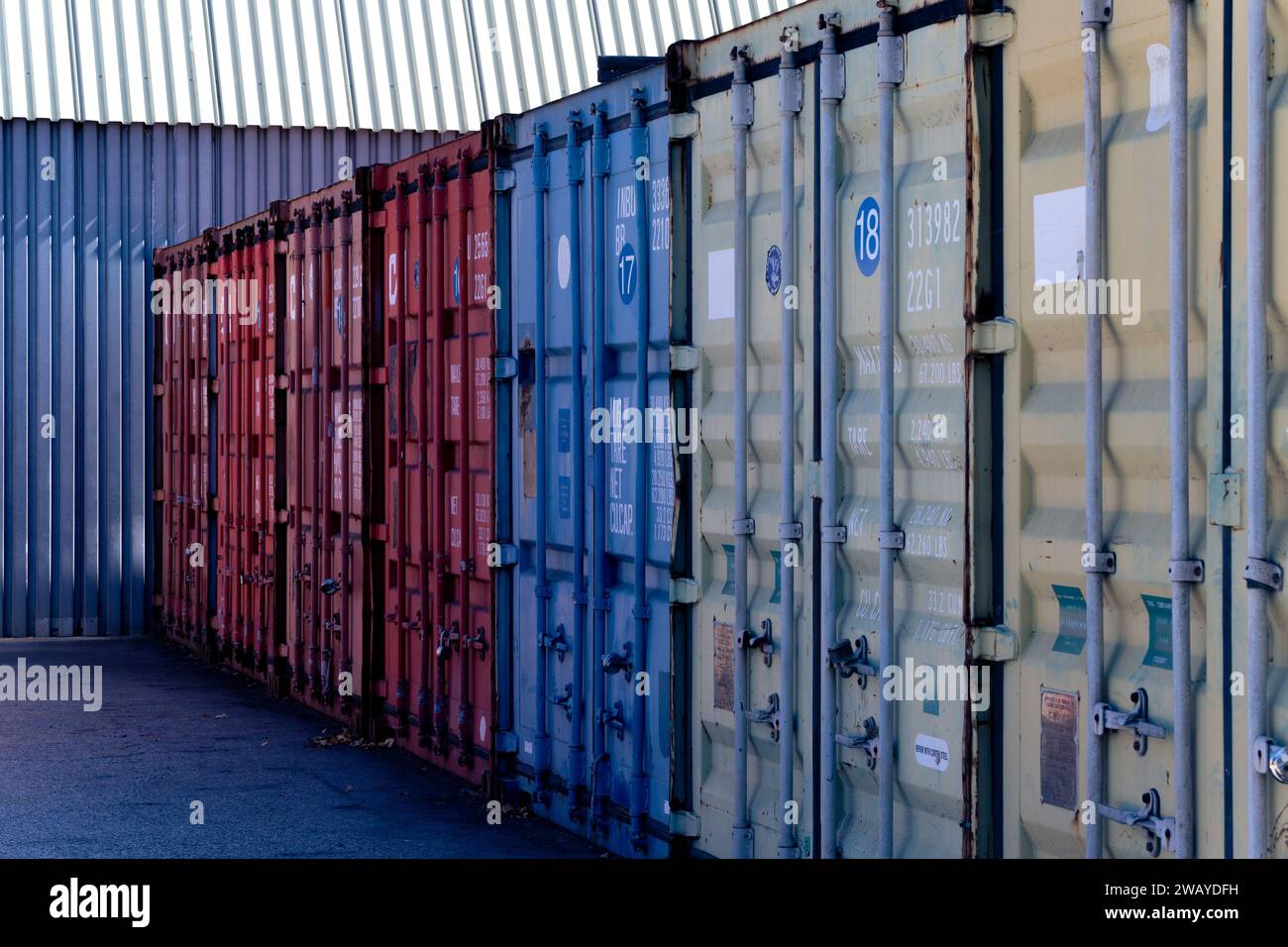 A row of colorful shipping containers in downtown Los Angeles ...