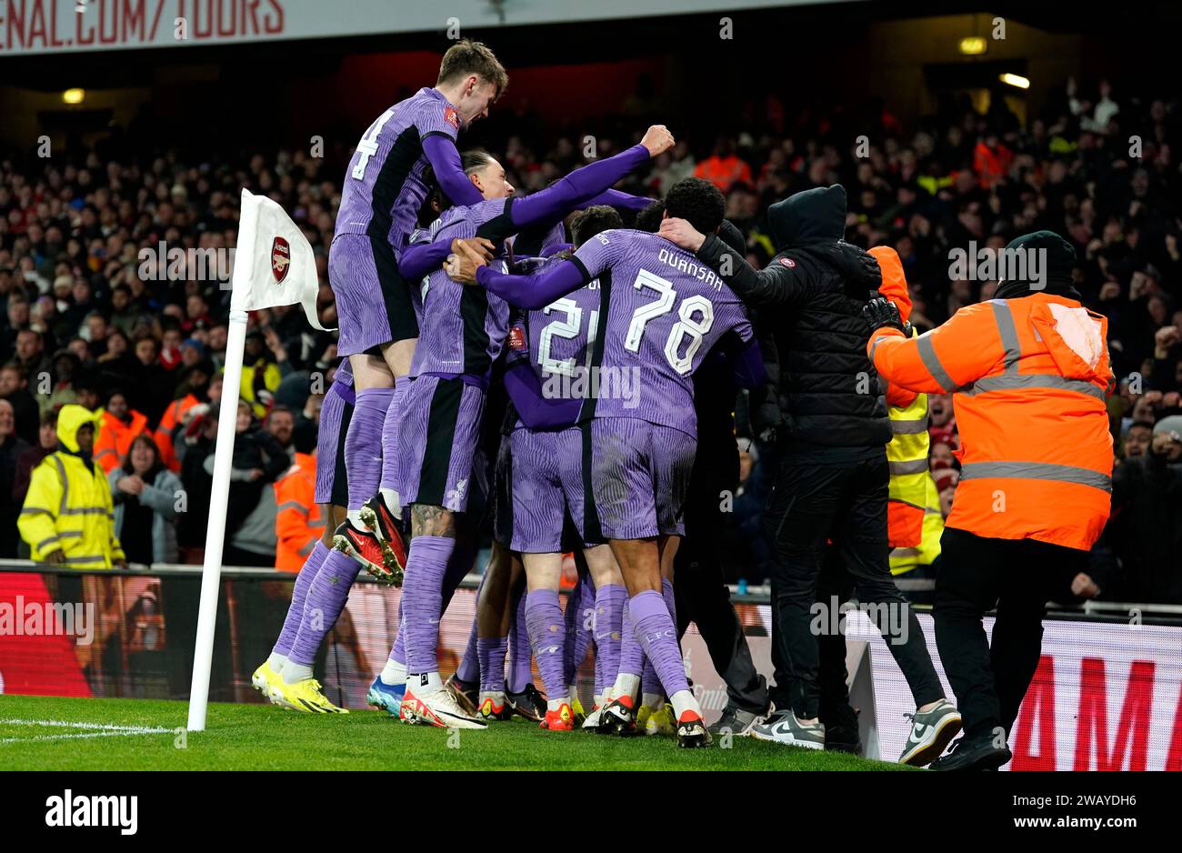 Liverpool Celebrate After Arsenals Jakub Kiwior Scores An Own Goal During The Emirates Fa Cup