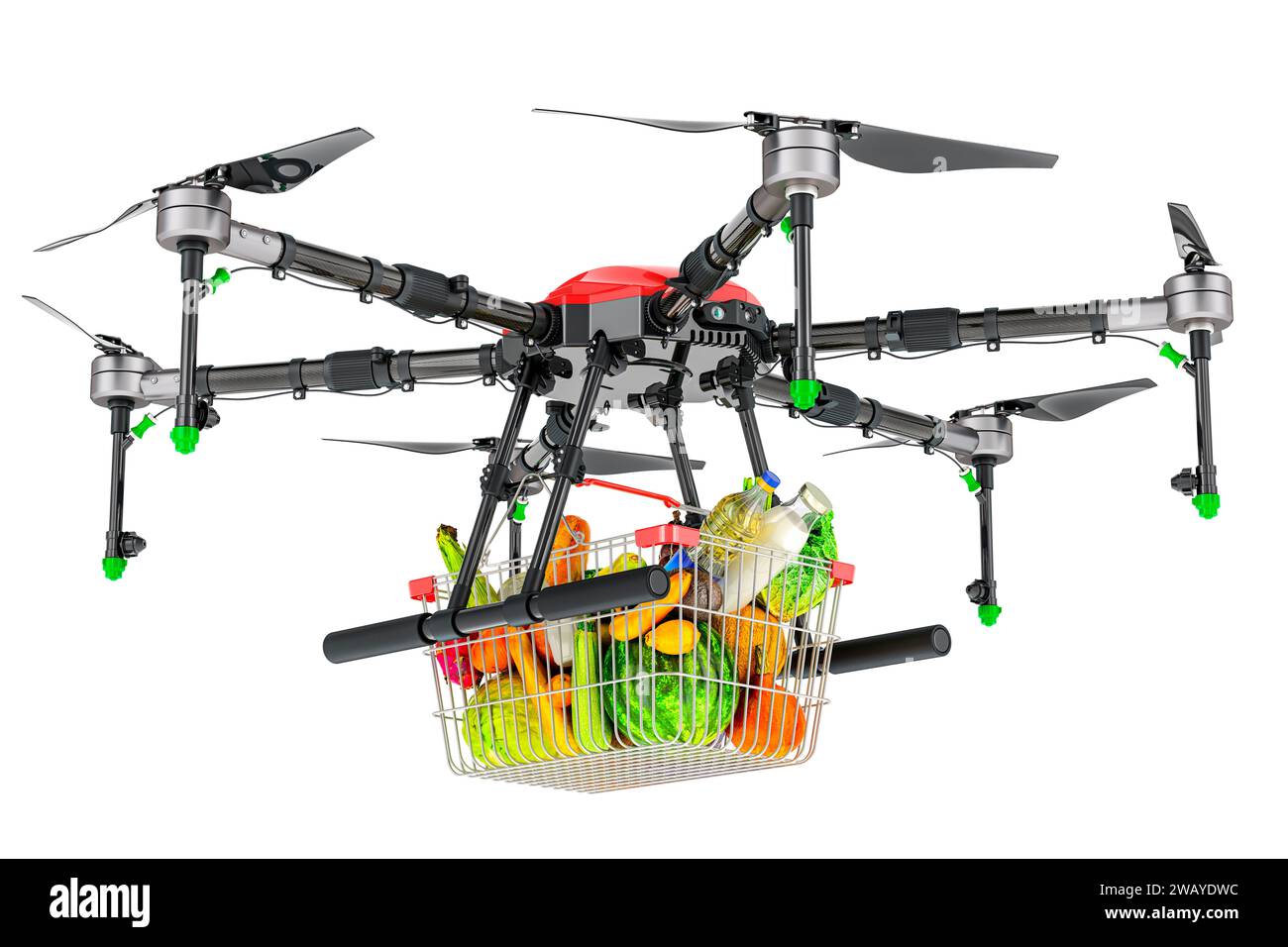 Delivery drone with shopping basket full of grocery products, fruits ...