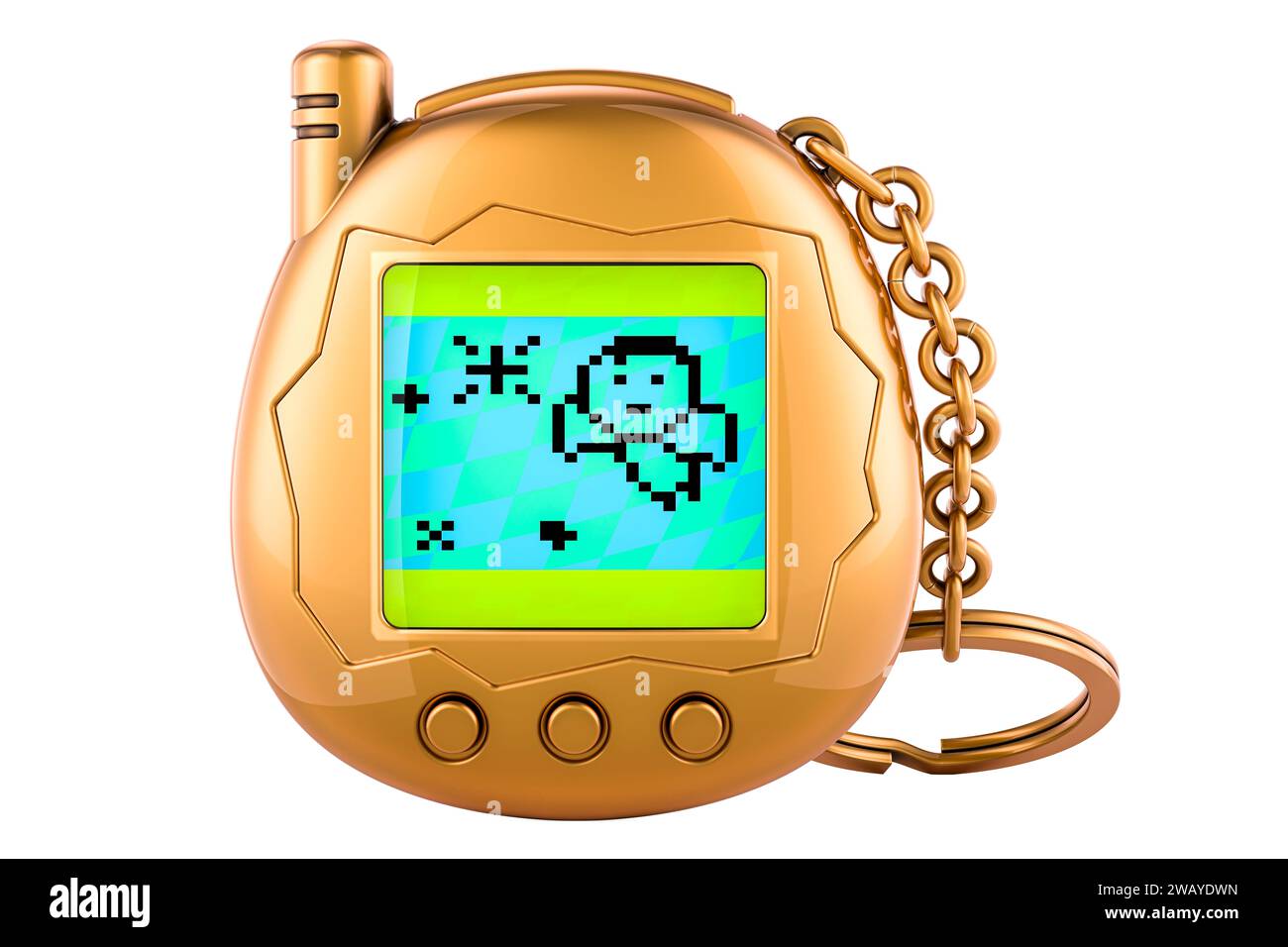 Golden pets pocket game. Tamagotchi toy game, 3D rendering isolated on ...