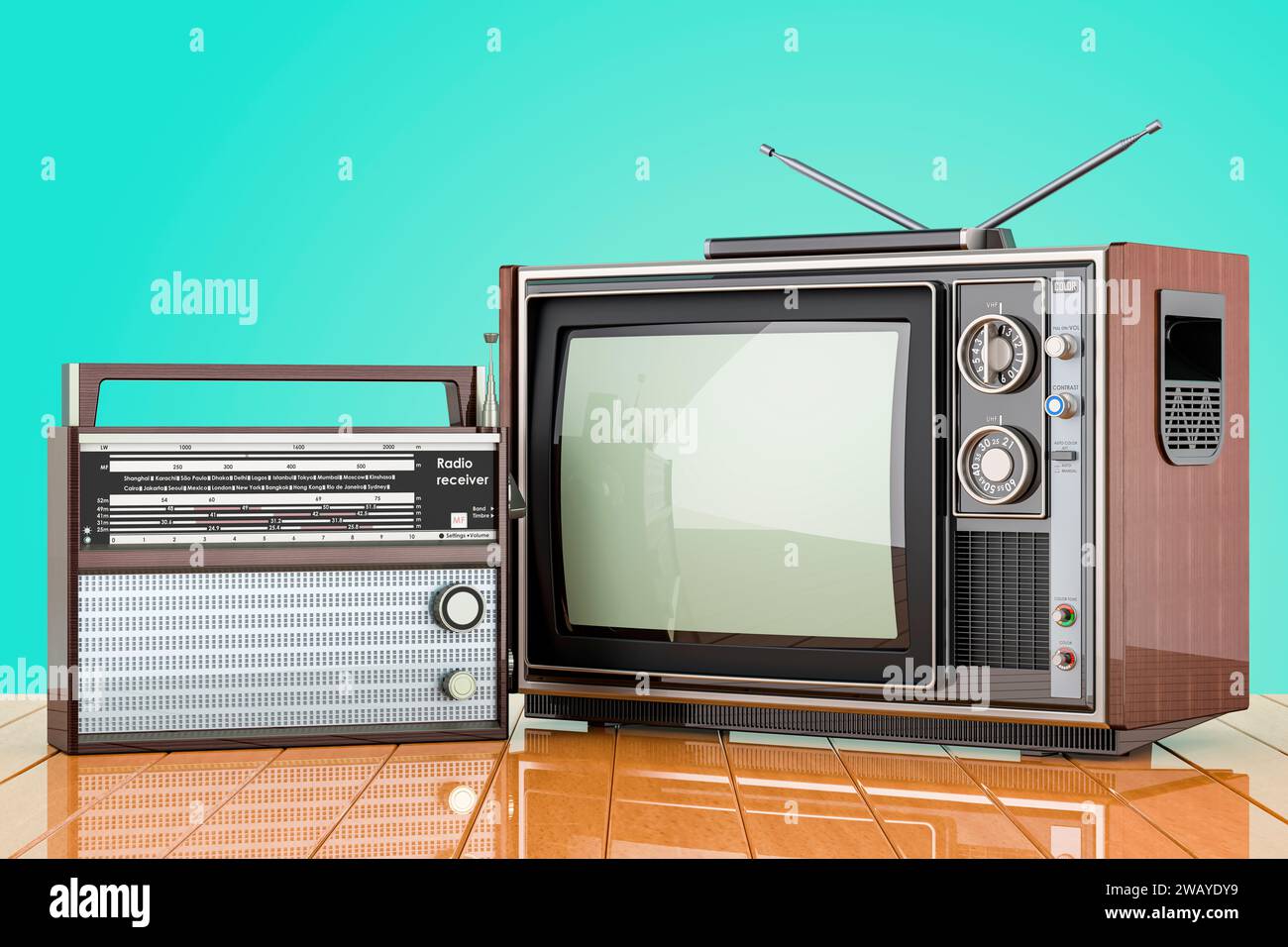 Retro old TV set and FM radio receiver. Broadcasting concept on the ...
