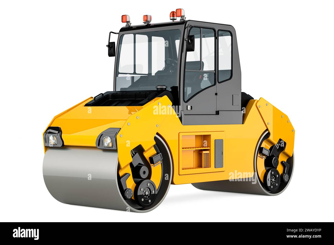 Yellow road roller, roller-compactor or roller, 3D rendering isolated ...