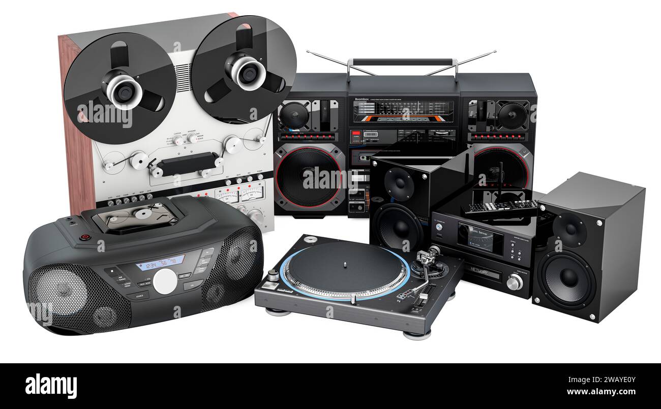 Vintage reel-to-reel tape recorder, boombox, phonograph turntable, and ...