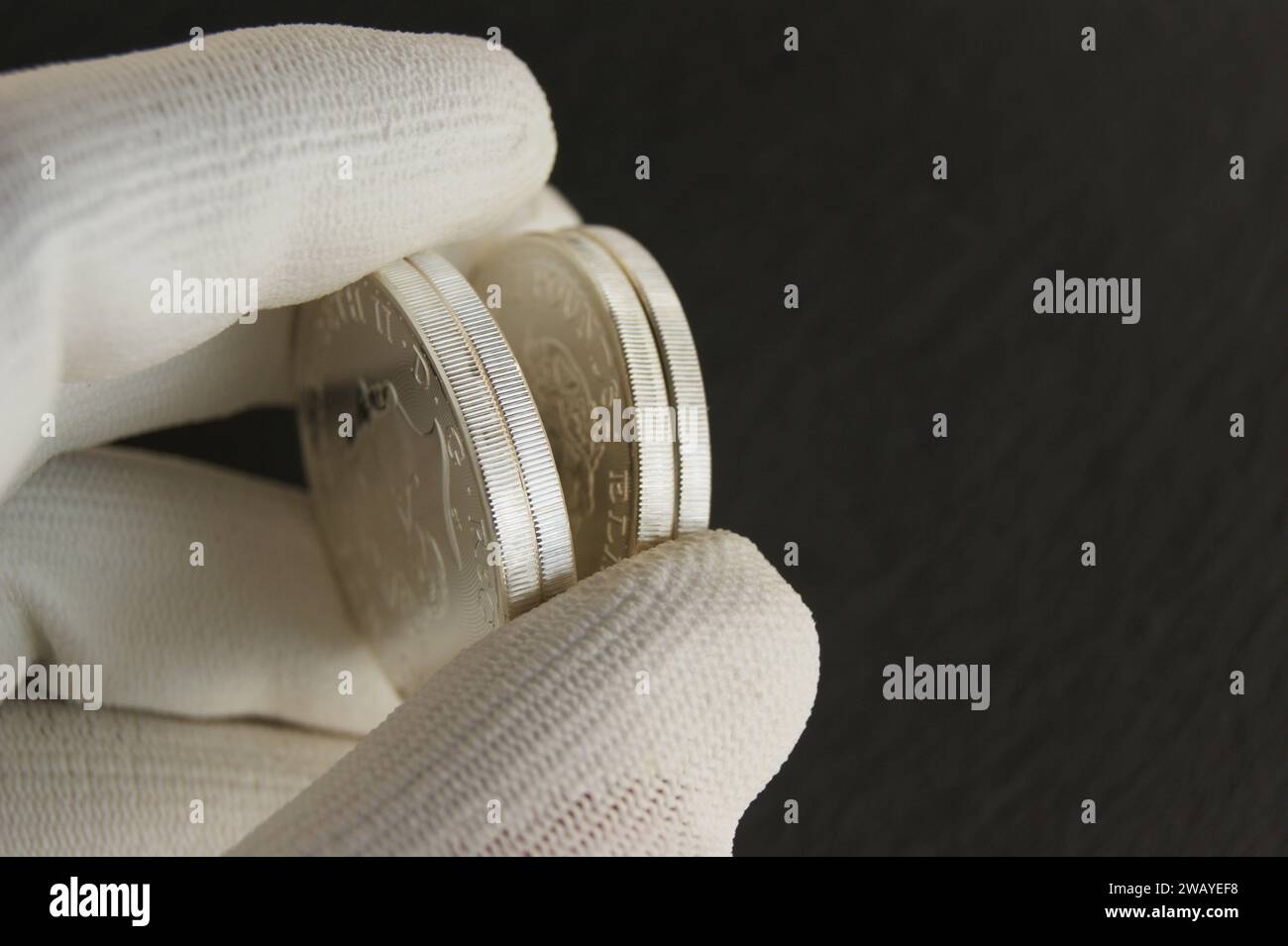 Grooved coin edges. Silver coins in the hand of a numismatist Stock ...