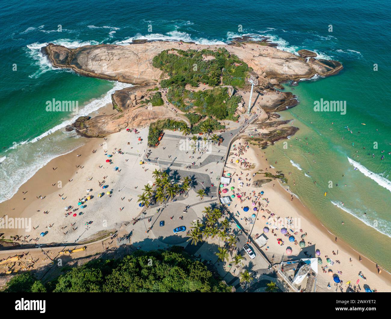 Aerial view of Diabo beach and Ipanema beach, Pedra do Arpoador. People sunbathing and playing ...