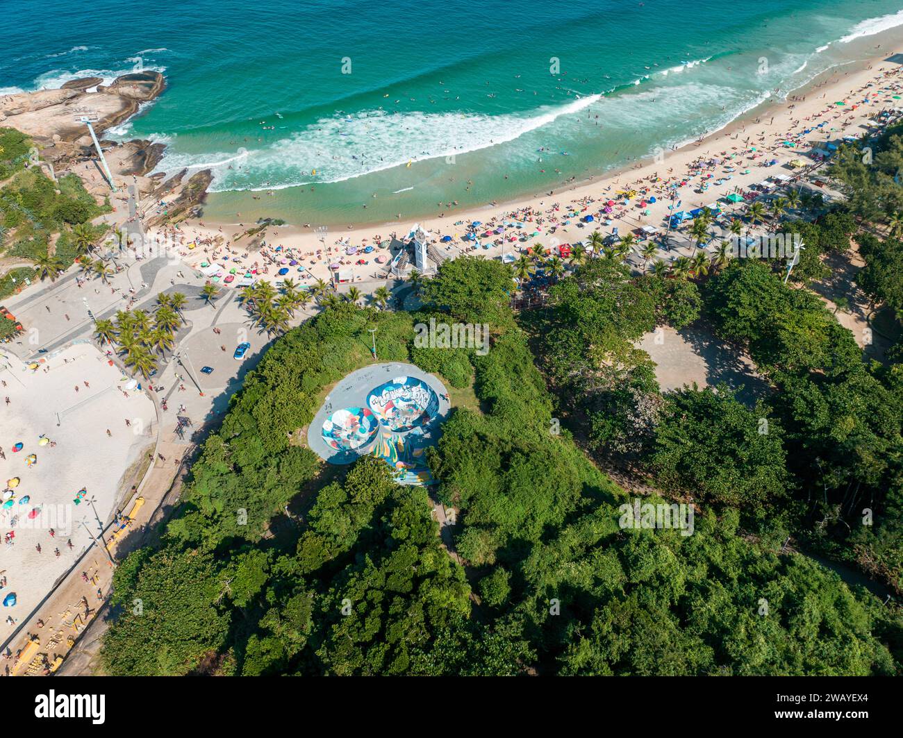 Aerial view of Diabo beach and Ipanema beach, Pedra do Arpoador. People sunbathing and playing ...