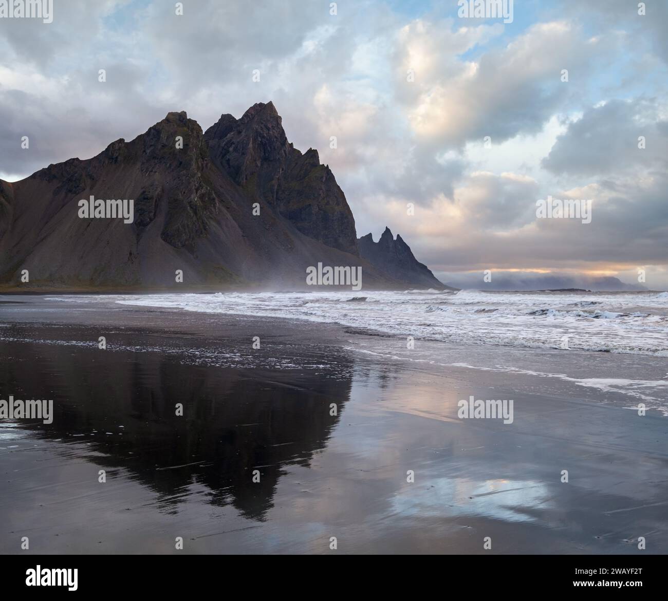 Sunrise Stokksnes cape sea beach and Vestrahorn Mountain with its ...