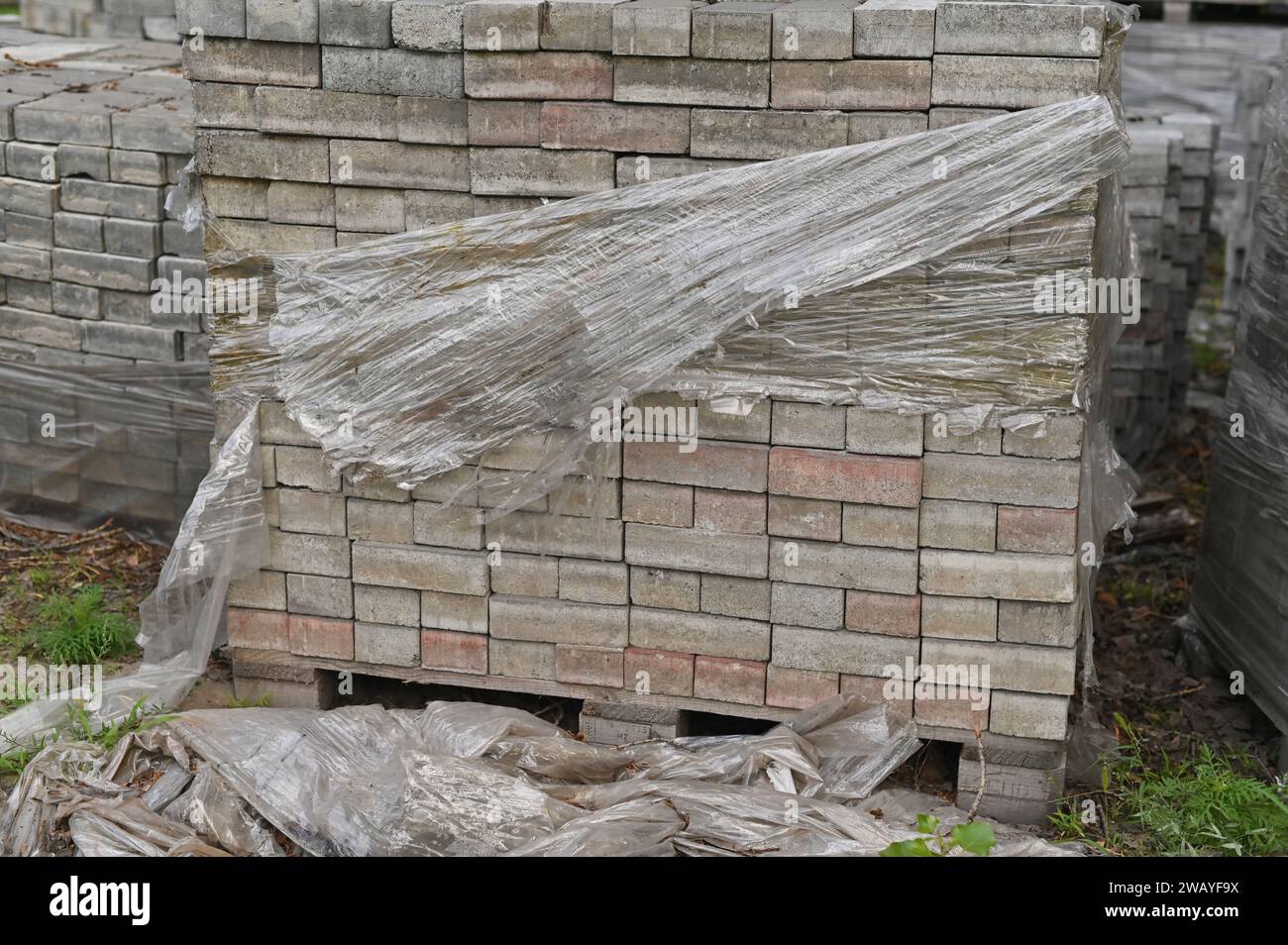 packing bricks on pallets in a construction warehouse on the street ...